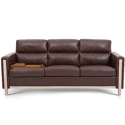 Nicemoods 79.5" PU Leather Sofa Couch with 2 Side Storage Pockets,3 Seater Sofa with Rubber Solid Wood Base&Legs,Soft Cushions,Thick Backrest,Couches for Living Room/Office/Apartment (Brown)