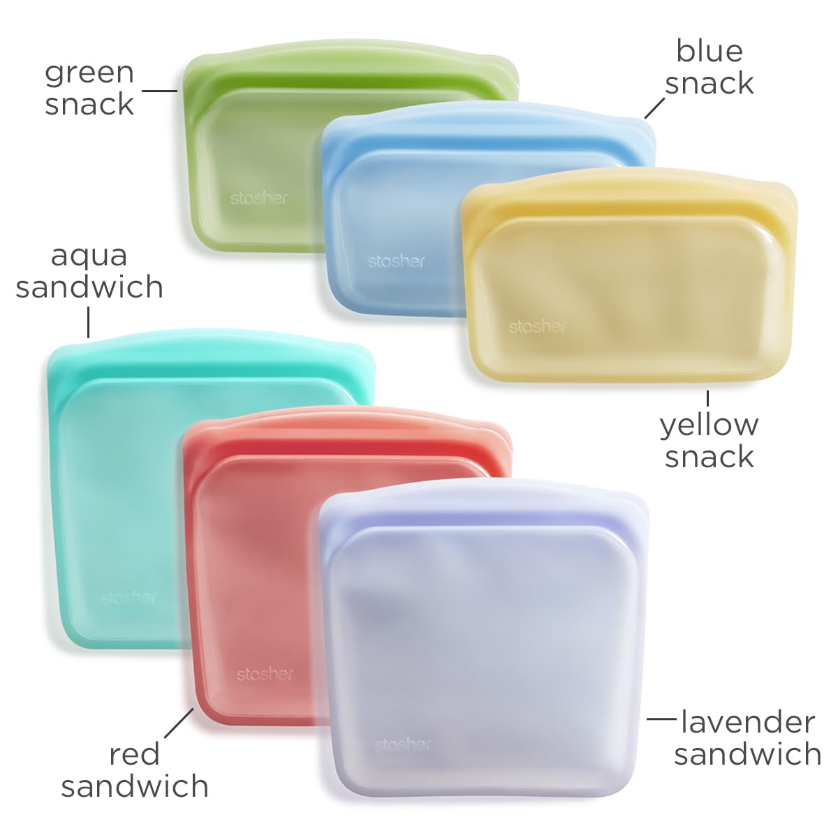 Stasher Premium Silicone Reusable Food Storage Bags, 6-Pack, Multi | Multi-Use Food Storage Bags, Lunch Bag, Travel Containers | BPA Free, Leak-free, Dishwasher-Safe, Eco-friendly