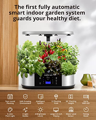 JustSmart WiFi 12 Pods Hydroponics Growing System with APP Controlled, Indoor Garden Up to 30" with 30W 120 LED Grow Light, Silent Pump System, Automatic Timer for Home Kitchen Gardening, GS1 Basic
