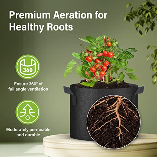 iPower 5-Pack 10 Gallon Plant Grow Bags Thickened Nonwoven Aeration Fabric Pots Heavy Duty Durable Container, Strap Handles for Garden, Black 5-Pack 10 Gallon Plant Grow Bags