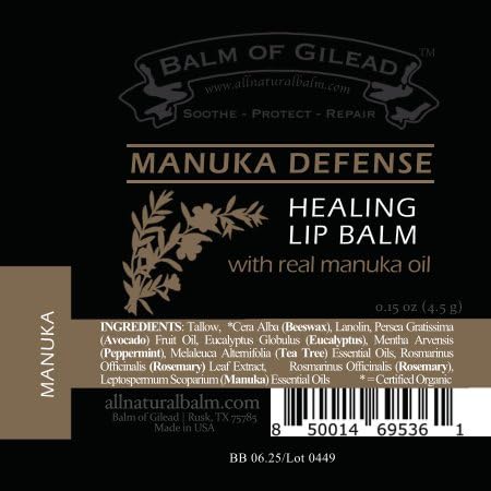 BALM OF GILEAD Manuka Defense Healing Lip Balm - Intensive Moisture Therapy in Tube w/Manuka, Tea Tree & Cooling Peppermint - Ideal for Chapped & Cracked Lips - Beauty Pack Of 4-0.15 oz
