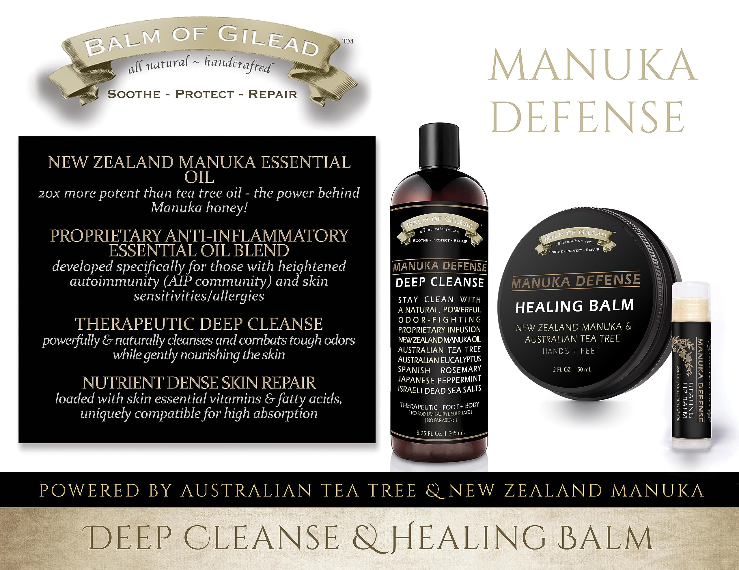 BALM OF GILEAD Manuka Defense Healing Lip Balm - Intensive Moisture Therapy in Tube w/Manuka, Tea Tree & Cooling Peppermint - Ideal for Chapped & Cracked Lips - Beauty Pack Of 4-0.15 oz