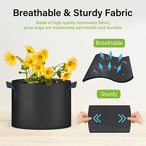 iPower 5-Pack 10 Gallon Plant Grow Bags Thickened Nonwoven Aeration Fabric Pots Heavy Duty Durable Container, Strap Handles for Garden, Black 5-Pack 10 Gallon Plant Grow Bags
