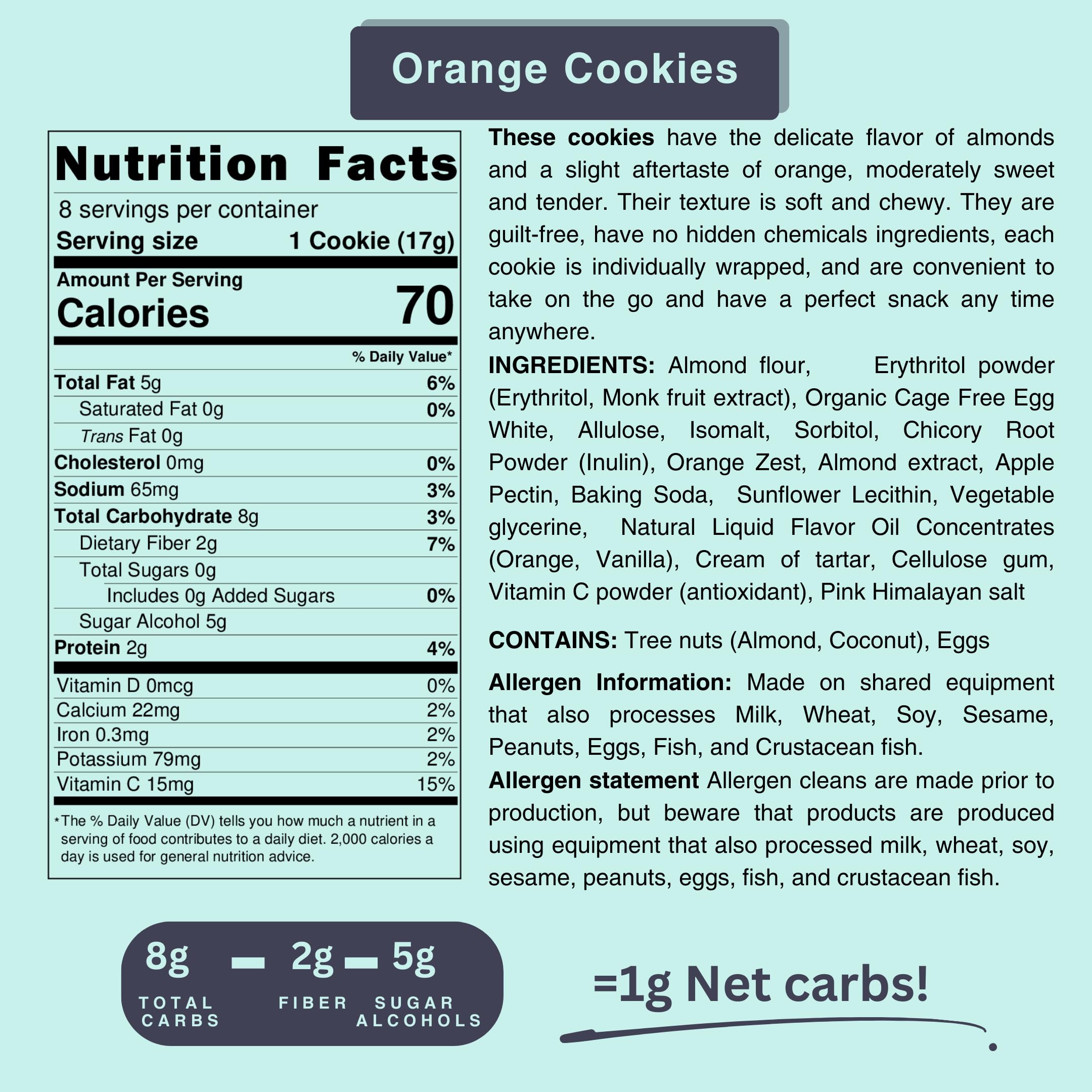 Orange Cookies, Sugar Free, Gluten Free, Dairy Free, Low Fat, Keto, Flèche Healthy Treats, 4.85Oz (Pack of 1)
