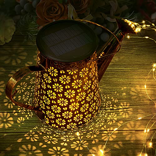 PoCare Watering Can Lights Solar Powered, 90 LEDs Retro Metal Kettle Lights Garden Decor Hanging Waterproof Solar Lights for Outdoor Pathway Yard Lawn Patio Party Decorations with Hook