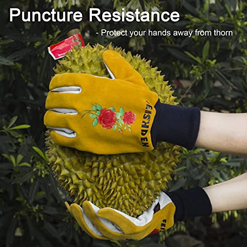 FEISHDEK Cactus Gloves Soft Deerskin Women Gardening Glove Thorn Proof for Cacti Handling (Medium - Short Sleeve, Yellow)