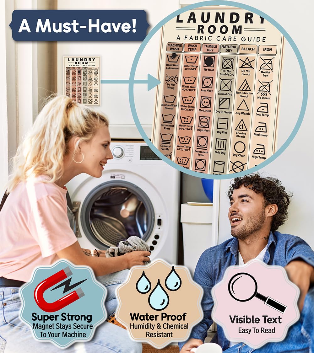 Laundry Symbols Guide Magnet - Laundry Magnets for Washing Machine - 6"x8" Helpful Laundry Magnets for Washing Machine, Laundry Guide Magnet for Home, Washing Machine Magnet Laundry Symbols Wall Art