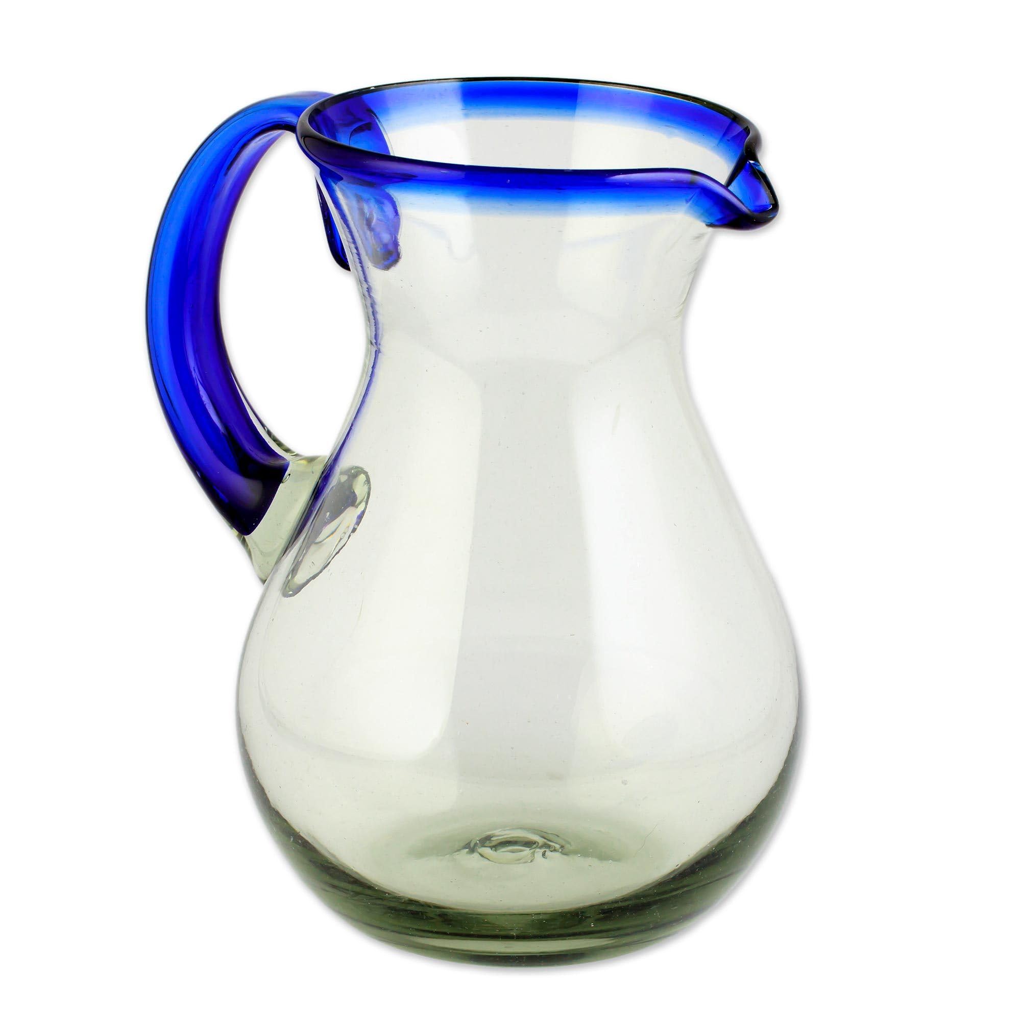 NOVICA Artisan Crafted Blue Accent Clear Glass Recycled Hand Blown Pitcher from Mexico, 82 Oz, Blue Grace'