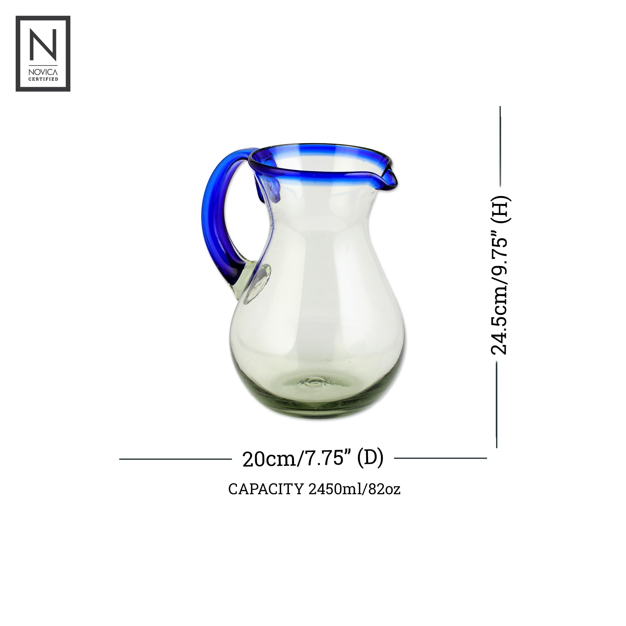 NOVICA Artisan Crafted Blue Accent Clear Glass Recycled Hand Blown Pitcher from Mexico, 82 Oz, Blue Grace'