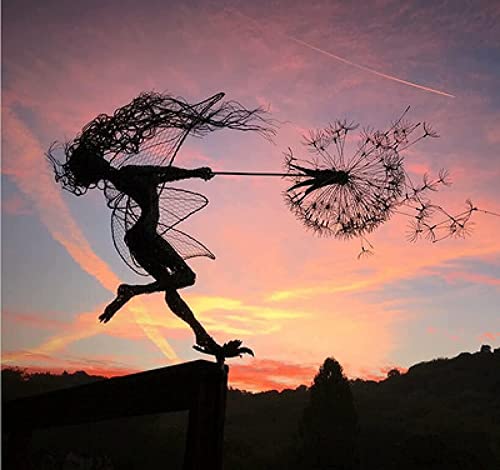 AACXRCR Garden Decoration, Wind Spinners for Yard and Garden, an Artistic Sculpture of A Fairy Dancing with A Dandelion, Art Decorations for Garden Outdoor Yard Lawn Patio(Size:A,Color:Black)
