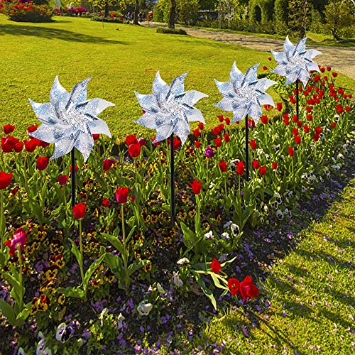Hausse 10 Pack Reflective Pinwheels with Stakes, Extra Sparkly Pinwheel for Garden Decor, Bird Devices Deterrent to Scare Birds Away from Yard Patio Farm