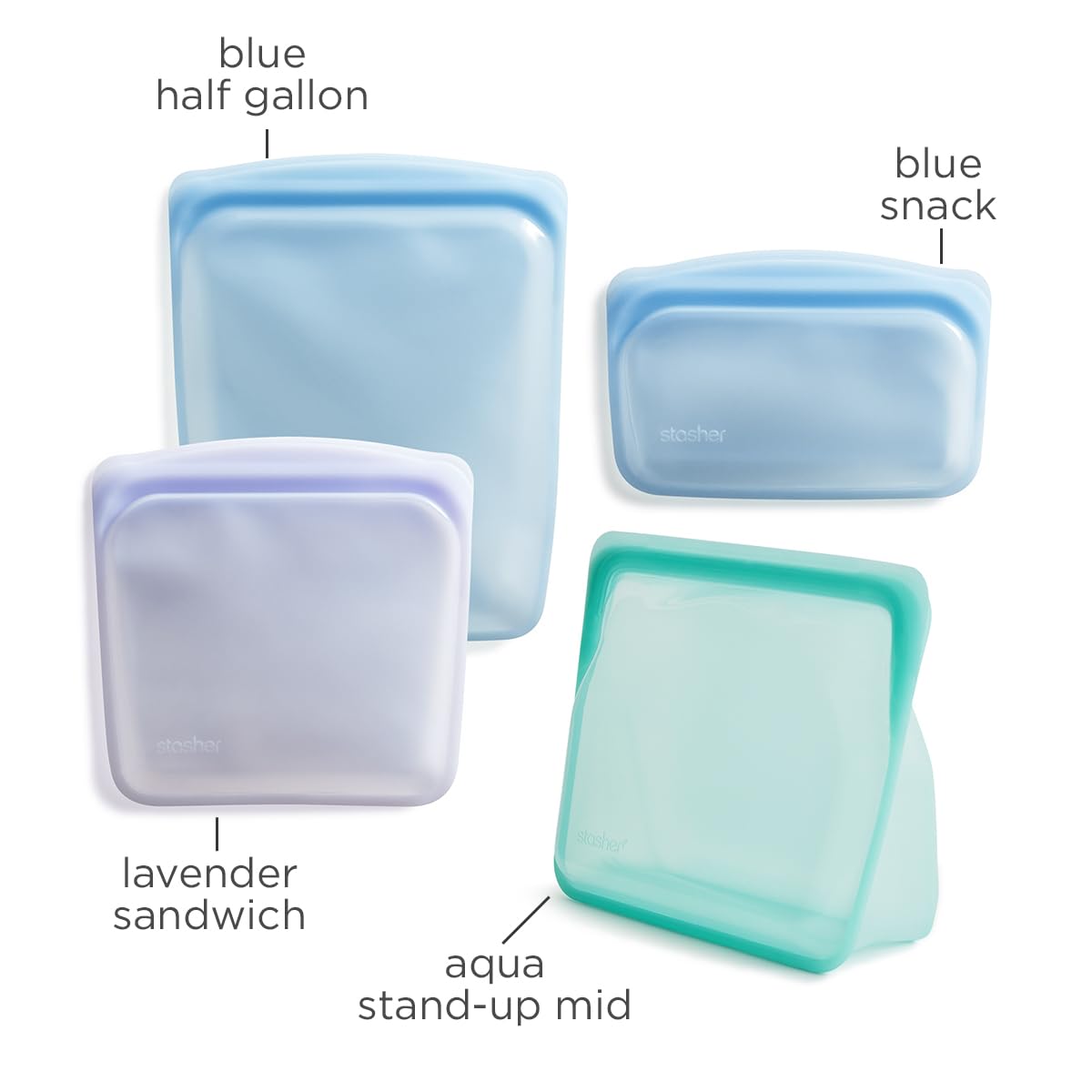 Stasher Premium Silicone Reusable Food Storage Bags, 4-Pack, Multi | Multi-Use Food Storage Bags, Lunch Bag, Travel Containers | BPA Free, Leak-free, Dishwasher-Safe, Eco-friendly