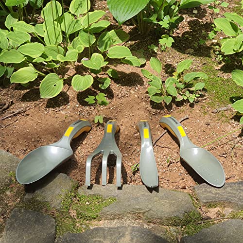 PortableAnd Garden Hand Tools Set Heavy Duty One-Piece Cast-Aluminum Lightweight 4 PCS Hand Trowel Transplanter Cultivator Weeder with Ergonomic Grip