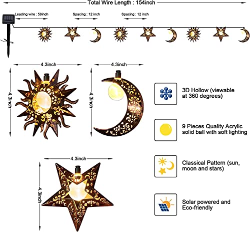 Solar String Lights Outdoor Star Moon Sun 13Ft 153In Led Solar Powered Fairy Decorative Lights for Garden Patio Yard Trees Christmas Wedding Party (Warm White) (Star Moon Sun String Lights)
