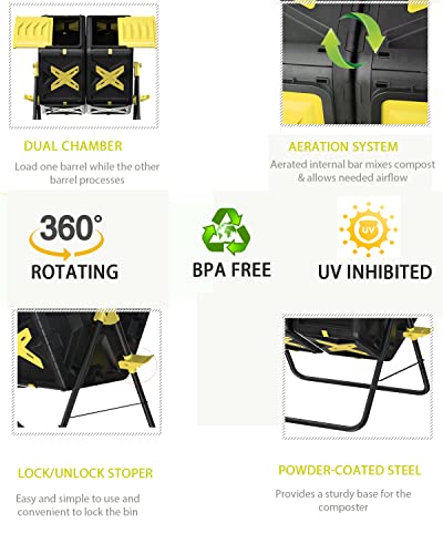 2 X 18.5 Gal Dual Chamber Compost Tumbling Bin from BPA Free Material - Outdoor Rotating Chamber Composters,with Easy-Turn, Fast-Working System for Garden/Patio