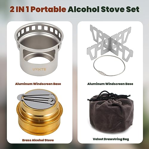UVIKTE 2 In 1 Mini Alcohols Stove Camping Backpacking Portable Alcohol Spirit Burner With Stainless Steel Cross Stand, Ultralight Tiny Brass Survival Coffee Hiking, Storage Bag,SILVER