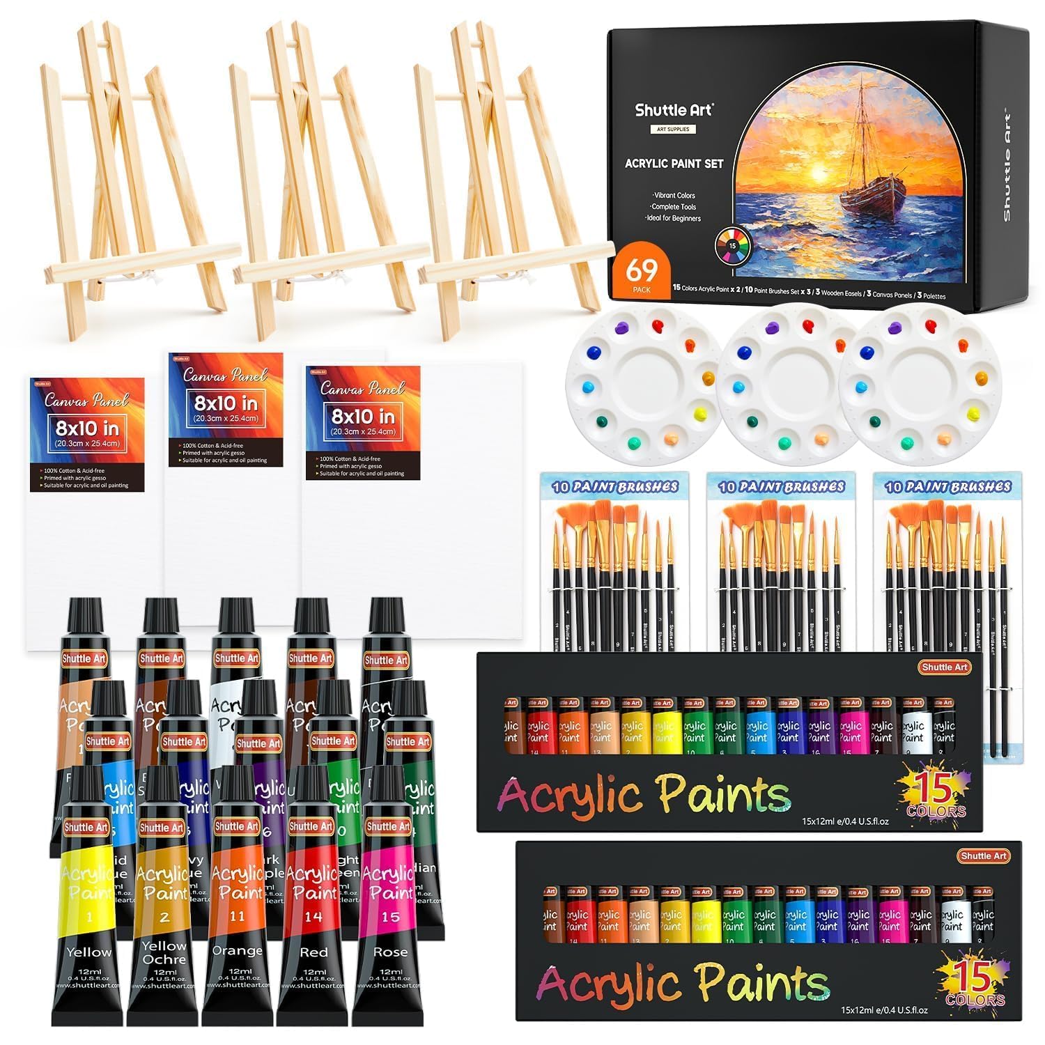 Shuttle Art 69 Pack Acrylic Paint Set, Acrylic Painting Set with 2 Pack of 15 Colors Acrylic Paint, 3 Sets of Wooden Easels, Canvas, Brushes & Palettes, Art Painting Supplies for Kids Adults Beginner