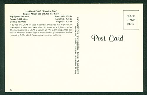 Lockheed F-80 Shooting Star First USAF Jet Combat Interceptor Korean War Aircraft Postcard