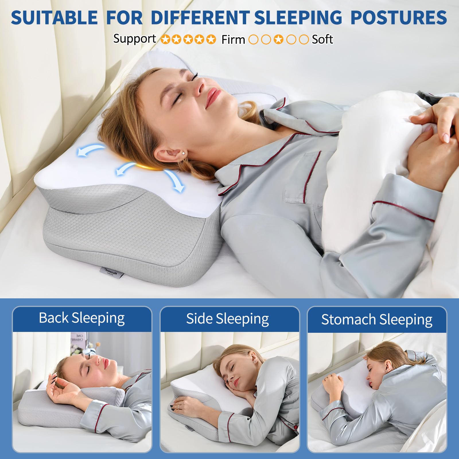 Muzsoul Cervical Pillow for Neck & Shoulder Pain Relief Sleeping - Ergonomic Memory Foam Pillow Orthopedic Neck Support Pillows for Side Sleepers with Breathable Pillowcase