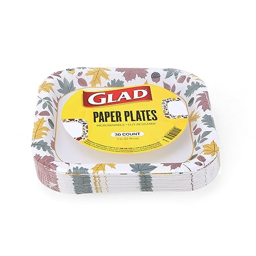 Glad Everyday Square Disposable Paper Plates with Falling Foliage Design, Small | Cut-Resistant, Microwavable Paper Plates for All Foods & Daily Use | 7 Inches, 30 Count