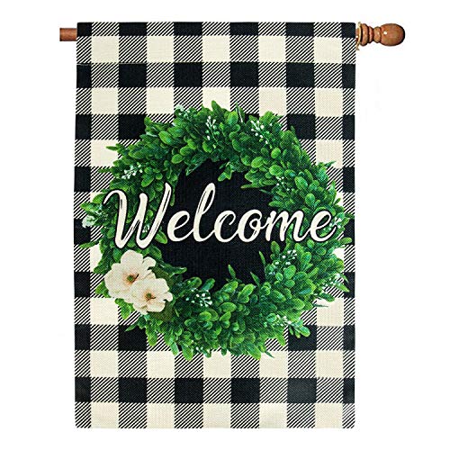 Unves Boxwood Wreath Welcome Spring Flag 28 x 40 Double Sided, Burlap Buffalo Check Plaid Winter House Flags Rustic Farmhouse Spring Winter Yard Garden Decor, Large Welcome Flag