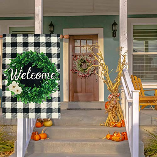 Unves Boxwood Wreath Welcome Spring Flag 28 x 40 Double Sided, Burlap Buffalo Check Plaid Winter House Flags Rustic Farmhouse Spring Winter Yard Garden Decor, Large Welcome Flag
