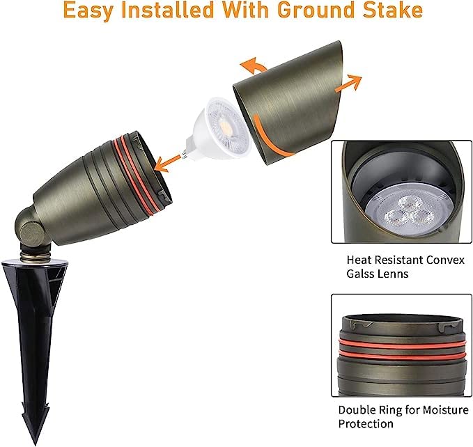 CINOTON Low Voltage Landscape Spotlights Outdoor, Solid Brass Directional Uplights Included MR16 LED Bulb Ground Stake Spot Up Landscape Lighting Fixture for Garden Patio