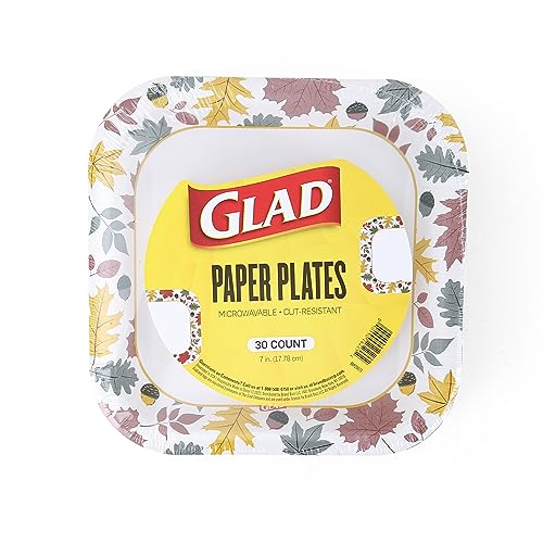 Glad Everyday Square Disposable Paper Plates with Falling Foliage Design, Small | Cut-Resistant, Microwavable Paper Plates for All Foods & Daily Use | 7 Inches, 30 Count