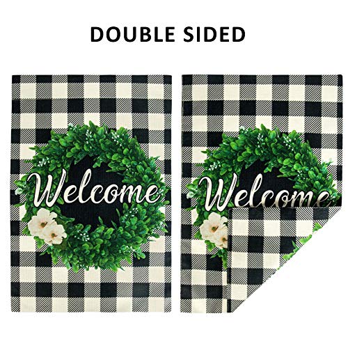 Unves Boxwood Wreath Welcome Spring Flag 28 x 40 Double Sided, Burlap Buffalo Check Plaid Winter House Flags Rustic Farmhouse Spring Winter Yard Garden Decor, Large Welcome Flag