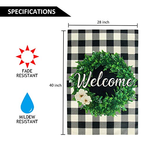 Unves Boxwood Wreath Welcome Spring Flag 28 x 40 Double Sided, Burlap Buffalo Check Plaid Winter House Flags Rustic Farmhouse Spring Winter Yard Garden Decor, Large Welcome Flag