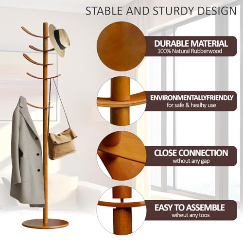 Pieryakers Wooden Coat Rack,Wood Coat Rack Stand with 5 Hooks,Freestanding Coat Rack Coat Tree, Easy to Assemble, For Entryway, Bedroom, Office,Coat, Bag (Walnut)