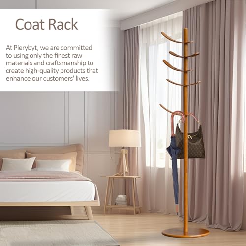 Pieryakers Wooden Coat Rack,Wood Coat Rack Stand with 5 Hooks,Freestanding Coat Rack Coat Tree, Easy to Assemble, For Entryway, Bedroom, Office,Coat, Bag (Walnut)