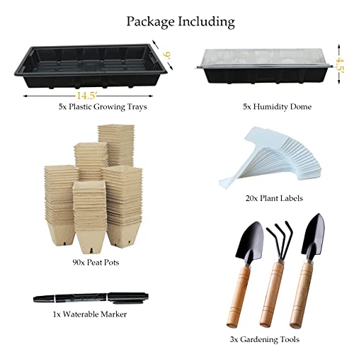 UTYLNE Seed Starter Kit with 90 Peat Pots for Seedlings Seed Starter Tray, 5 Plastic Growing Trays 20 Plant Labels & 3 Garden Tools Outdoor or Indoor
