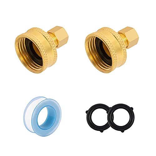 SUNGATOR 2-Pack 3/4 Inch Female Garden Hose by 1/4 Inch Compression Brass Adapter, No Lead Brass with Extra 2-Piece Rubber Rings and a Sealing Tape
