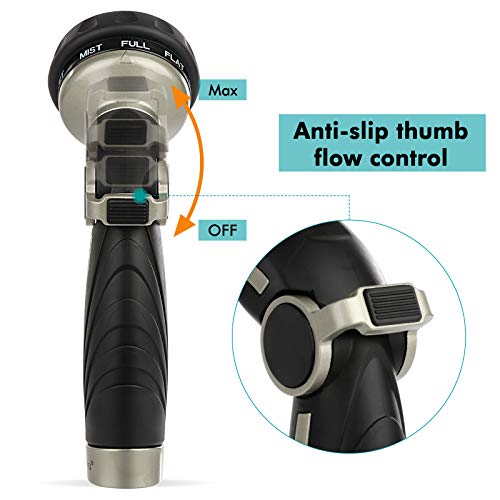 RESTMO Hose Nozzle Heavy Duty, Metal Water Hose Sprayer for Garden, 9 Spray Patterns | High Pressure | Thumb Flow Control | On/Off Valve, Ideal for Outdoor Lawn & Plant Watering, Car & Pet Washing