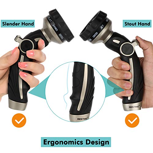 RESTMO Hose Nozzle Heavy Duty, Metal Water Hose Sprayer for Garden, 9 Spray Patterns | High Pressure | Thumb Flow Control | On/Off Valve, Ideal for Outdoor Lawn & Plant Watering, Car & Pet Washing