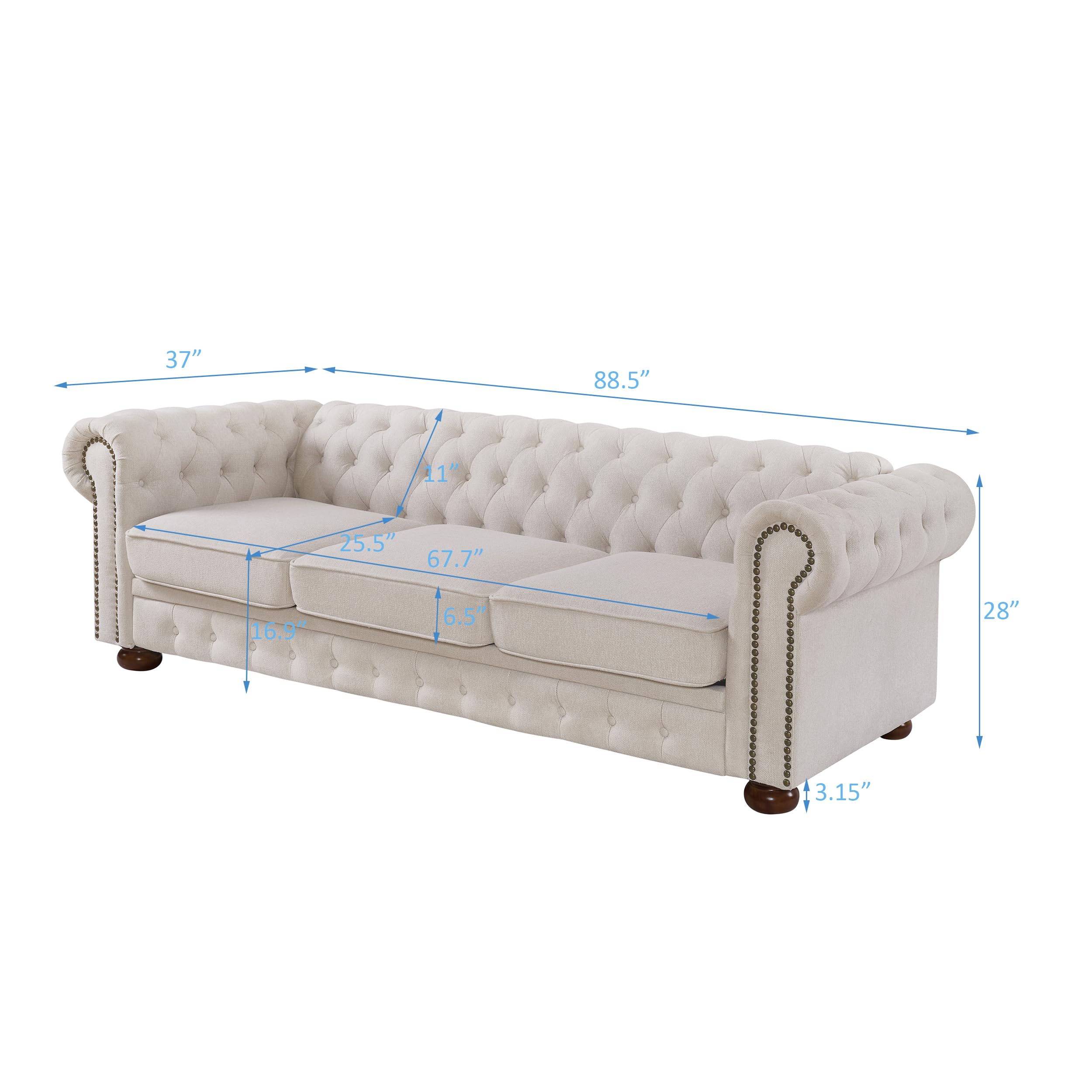 kevinplus 88.5'' Chesterfield Sofa Couch for Living Room, Classic Modern 3-Seat Upholstered Tufted Rolled Arm Sofa Couch for Apartment Bedroom Office, Solid Wood Leg, Linen Fabric, Beige