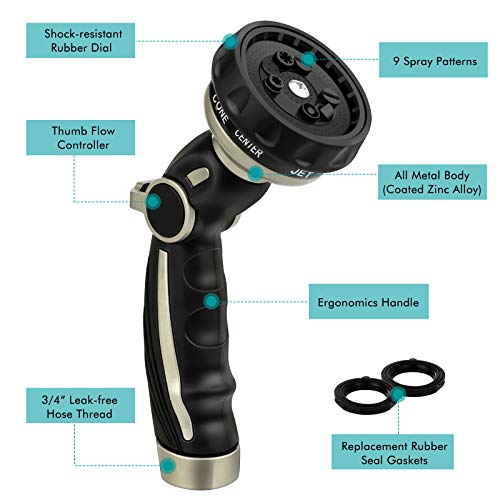 RESTMO Hose Nozzle Heavy Duty, Metal Water Hose Sprayer for Garden, 9 Spray Patterns | High Pressure | Thumb Flow Control | On/Off Valve, Ideal for Outdoor Lawn & Plant Watering, Car & Pet Washing