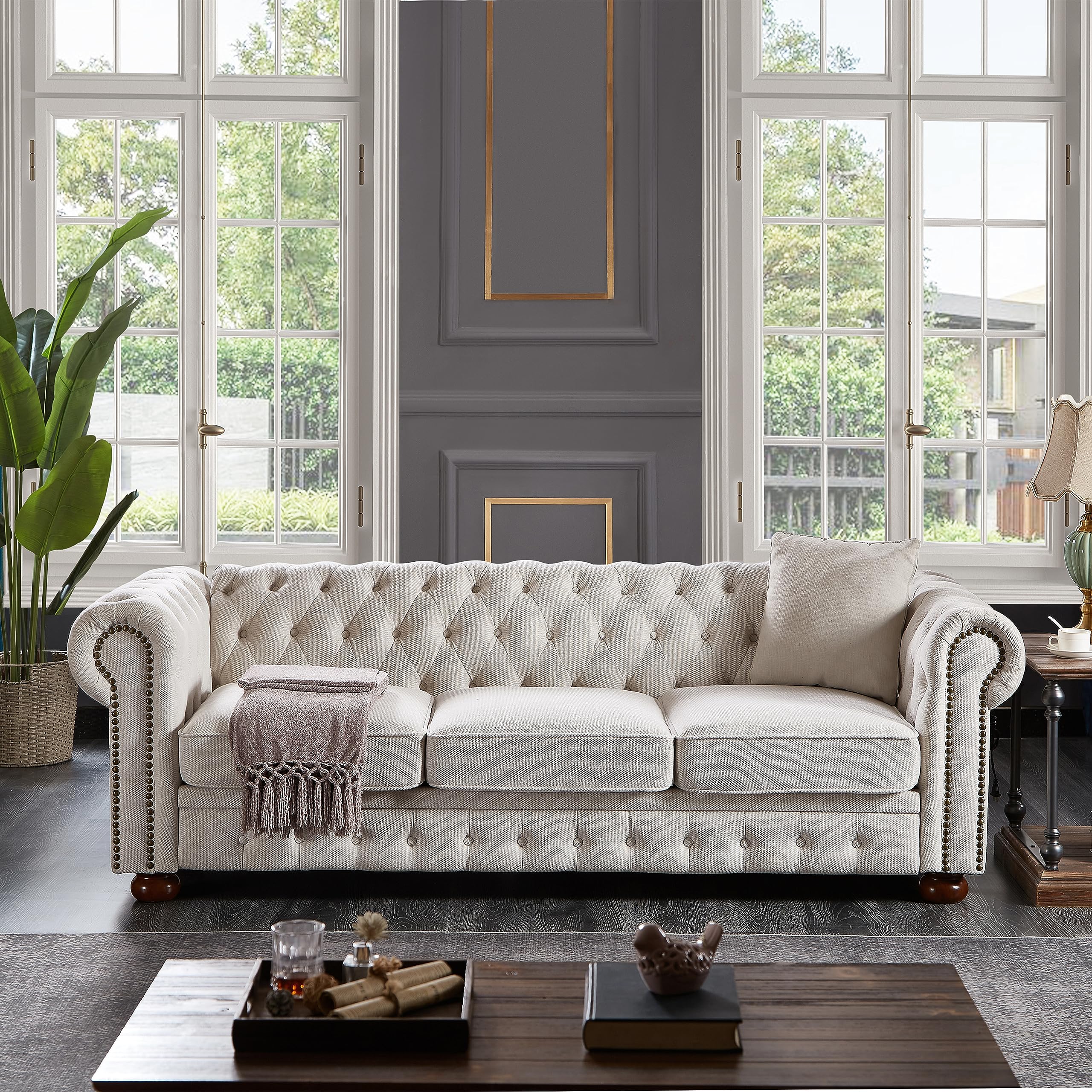 kevinplus 88.5'' Chesterfield Sofa Couch for Living Room, Classic Modern 3-Seat Upholstered Tufted Rolled Arm Sofa Couch for Apartment Bedroom Office, Solid Wood Leg, Linen Fabric, Beige