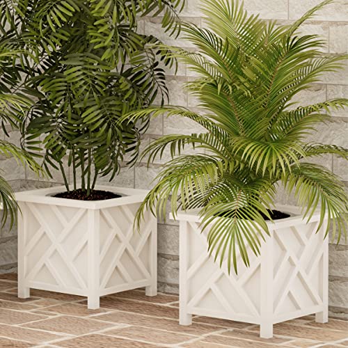 Pure Garden Lattice Design Planter Box 2-Pack β 14.75-Inch Decorative Outdoor Flower or Plant Pots β Front Porch, Patio, and Garden Decor (White)