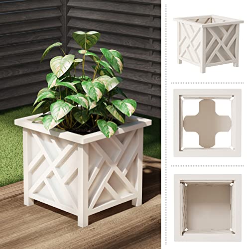 Pure Garden Lattice Design Planter Box 2-Pack β 14.75-Inch Decorative Outdoor Flower or Plant Pots β Front Porch, Patio, and Garden Decor (White)