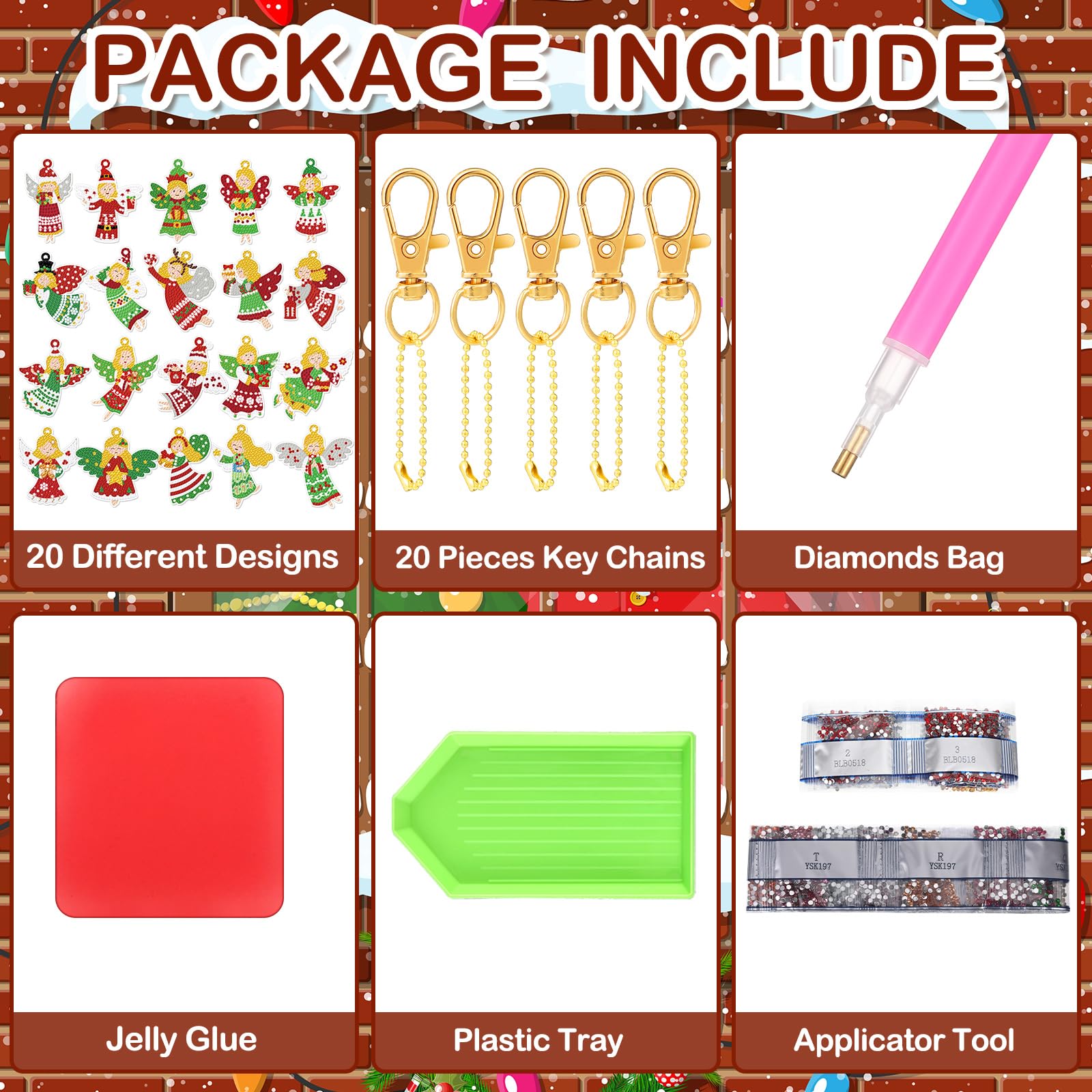 Tondiamo 20 Pcs Christmas Diamond Painting Keychain Kits 5D DIY Diamond Art Pendants Double Sided Hanging Key Chains for Christmas Party Decoration DIY(Angels Style)