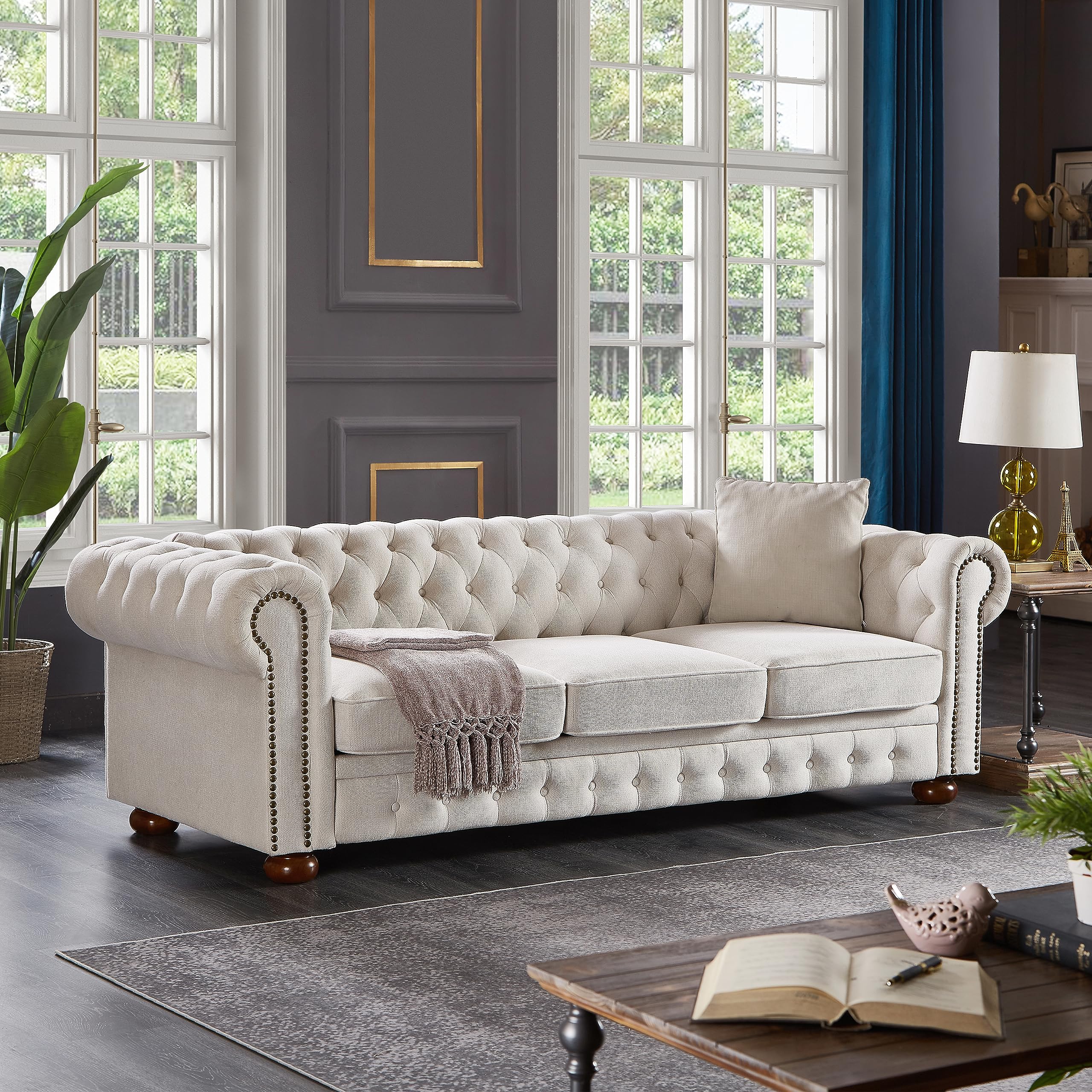 kevinplus 88.5'' Chesterfield Sofa Couch for Living Room, Classic Modern 3-Seat Upholstered Tufted Rolled Arm Sofa Couch for Apartment Bedroom Office, Solid Wood Leg, Linen Fabric, Beige