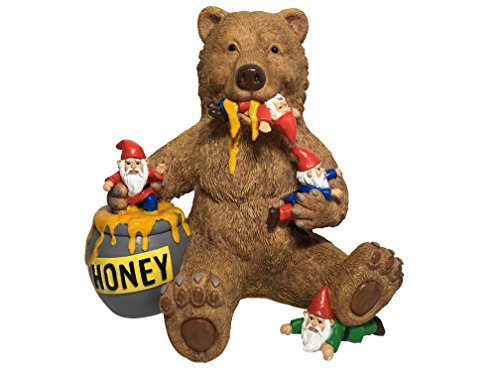 GlitZGlam Miniature Bear and Gnomes with Honey - A Garden Gnome Statue for Your Fairy Garden