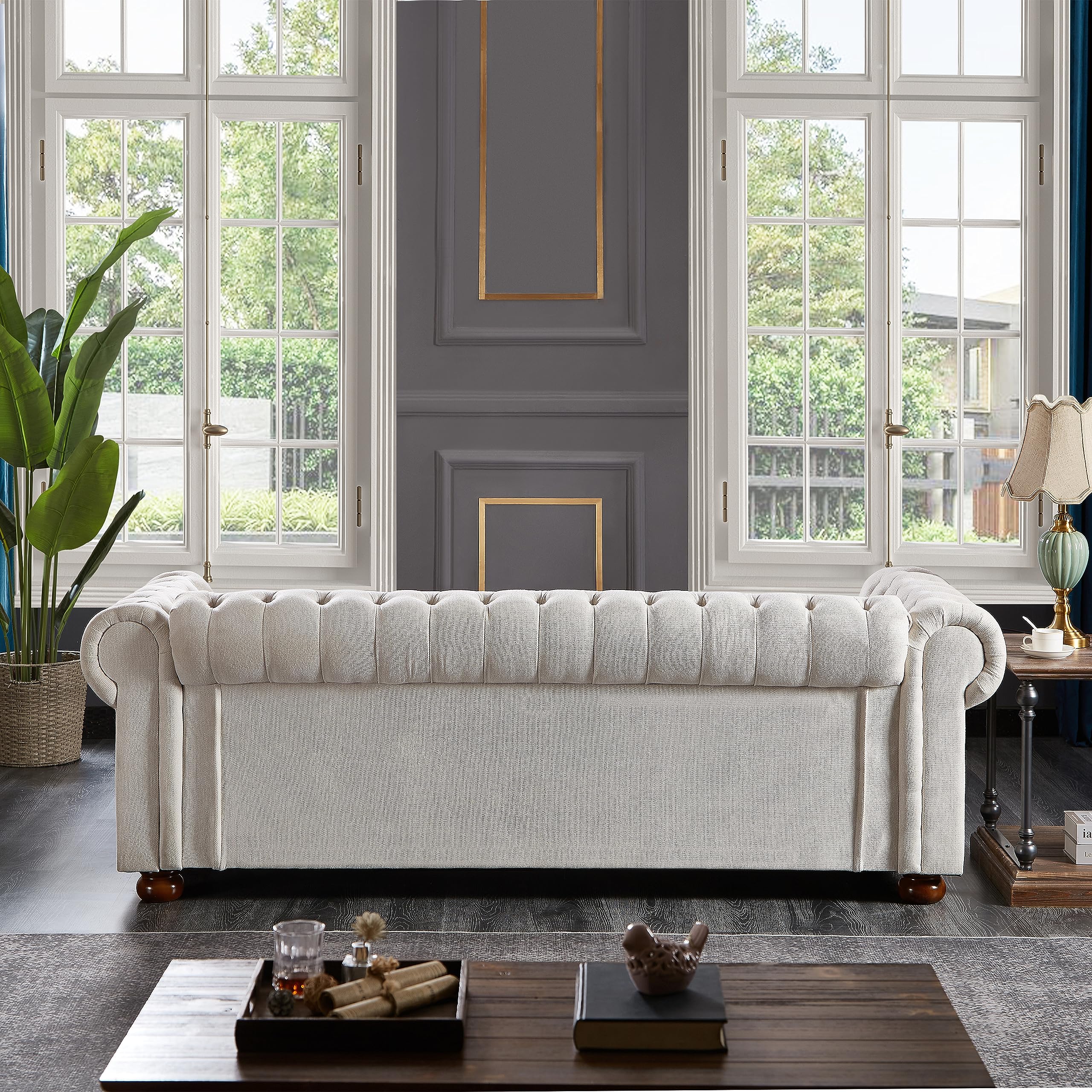 kevinplus 88.5'' Chesterfield Sofa Couch for Living Room, Classic Modern 3-Seat Upholstered Tufted Rolled Arm Sofa Couch for Apartment Bedroom Office, Solid Wood Leg, Linen Fabric, Beige