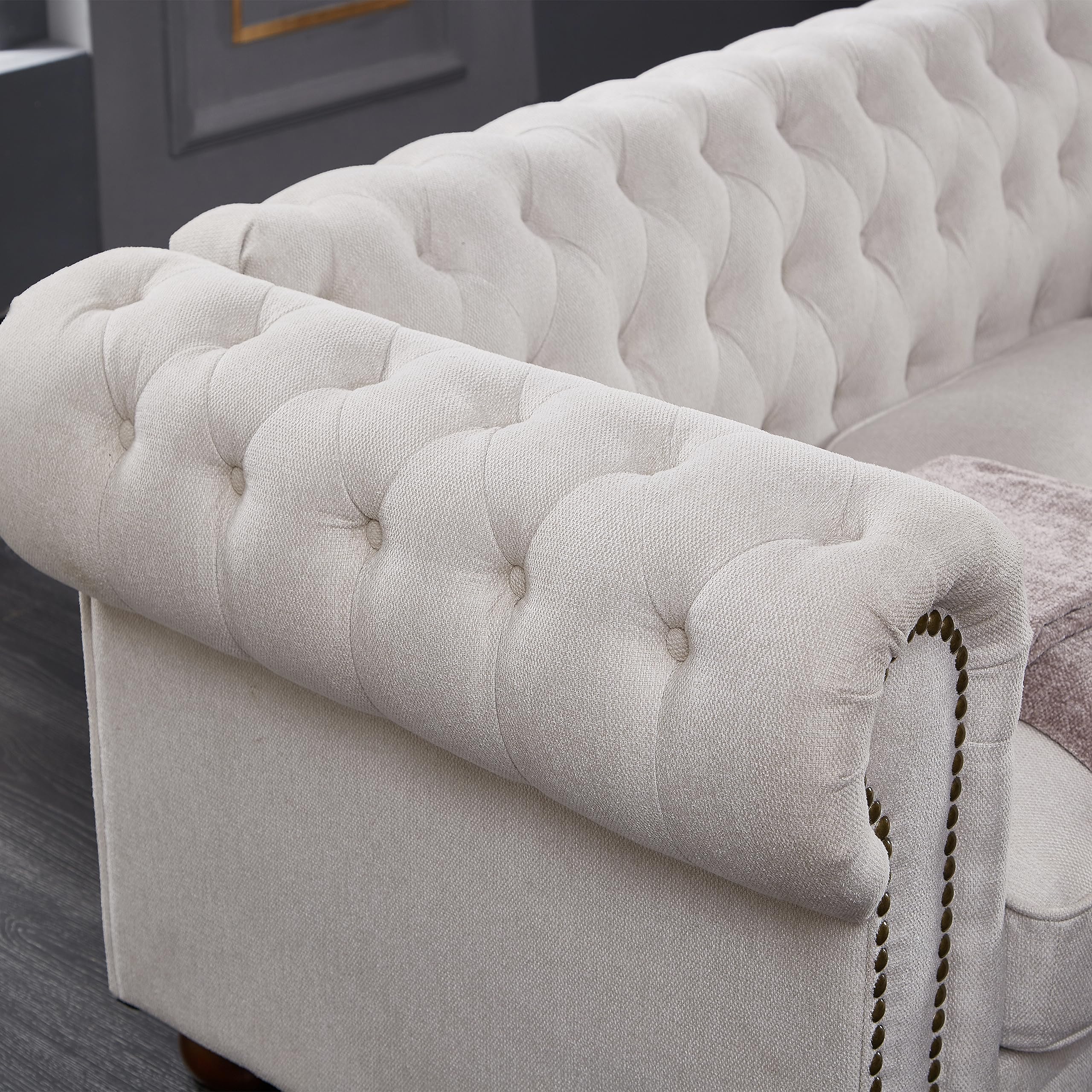 kevinplus 88.5'' Chesterfield Sofa Couch for Living Room, Classic Modern 3-Seat Upholstered Tufted Rolled Arm Sofa Couch for Apartment Bedroom Office, Solid Wood Leg, Linen Fabric, Beige