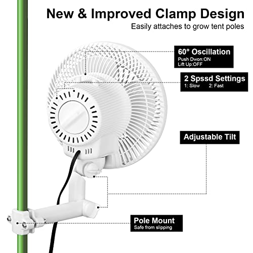LINCHOC GARDEN Grow Tent Oscillating Fan,6 inch Copper Wire Motor Pole Mount monkey Fan for Grow Tents with 2 Speed 120v 25w Clip On (2 PACK)