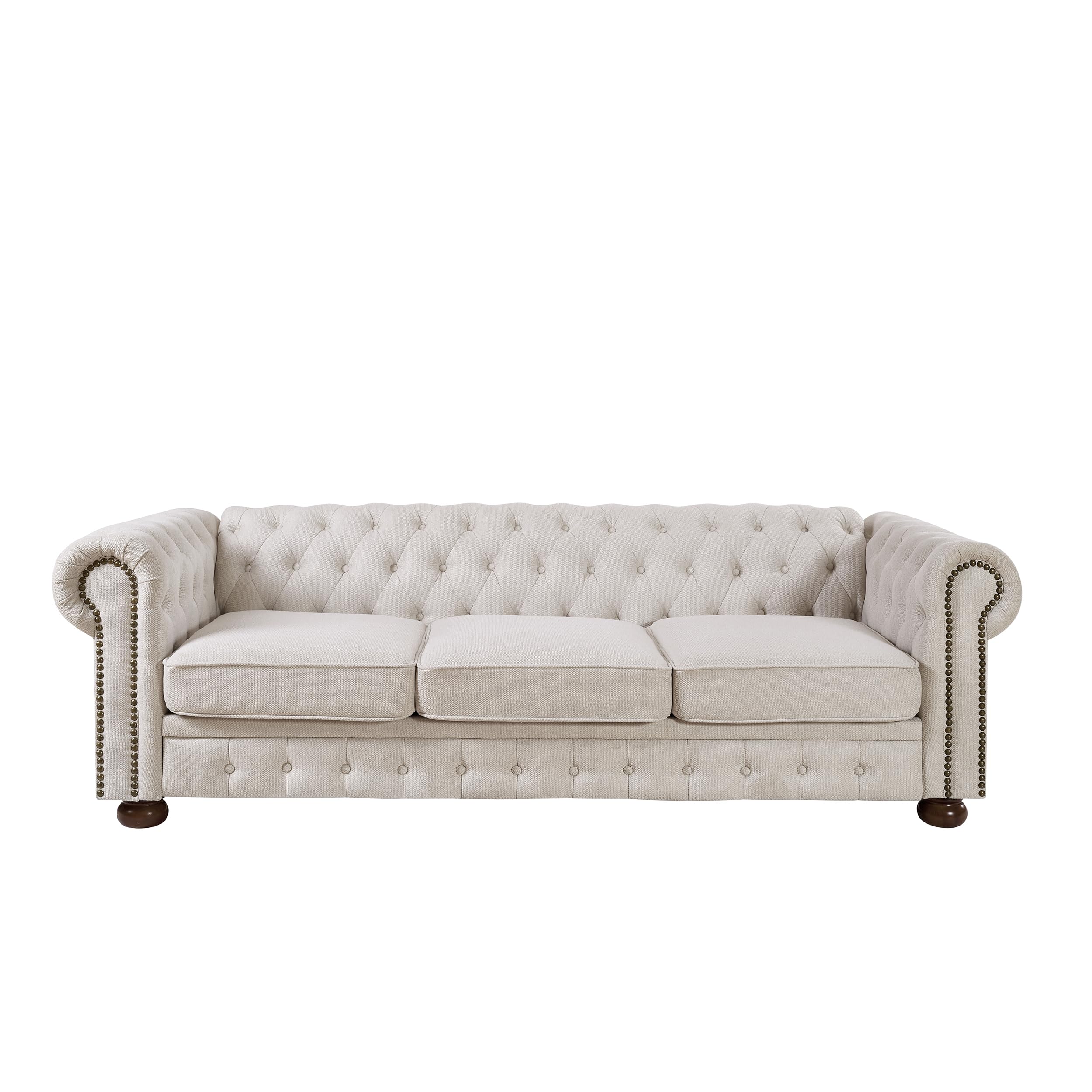 kevinplus 88.5'' Chesterfield Sofa Couch for Living Room, Classic Modern 3-Seat Upholstered Tufted Rolled Arm Sofa Couch for Apartment Bedroom Office, Solid Wood Leg, Linen Fabric, Beige