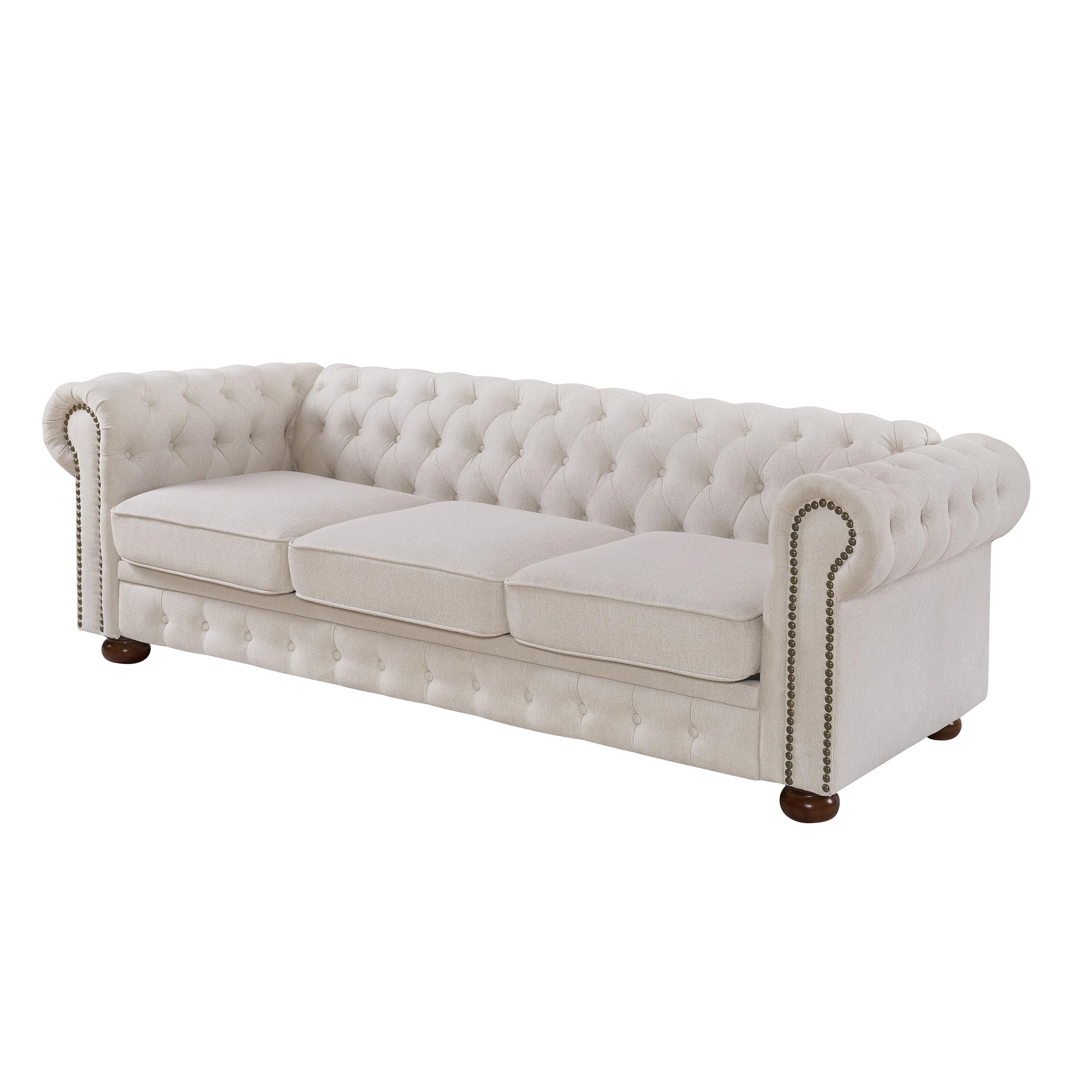 kevinplus 88.5'' Chesterfield Sofa Couch for Living Room, Classic Modern 3-Seat Upholstered Tufted Rolled Arm Sofa Couch for Apartment Bedroom Office, Solid Wood Leg, Linen Fabric, Beige