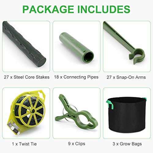 GROWNEER 3 Packs Plant Cages Assembled Tomato Garden Cages Stakes Vegetable Trellis, with 3Pcs 10 Gallon Grow Bags, 9Pcs Clips and 328Ft Twist Tie, for Vertical Climbing Plants